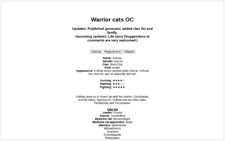 Warrior cats OC ― Perchance Generator