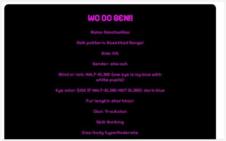 WC OC GEN!! ― Perchance Generator