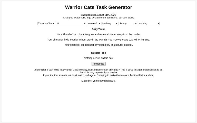 Warrior Cats Task Generator