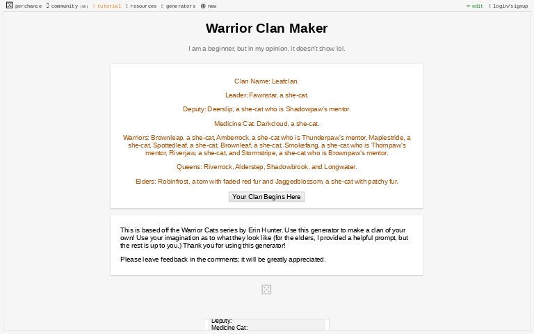Warrior Clan Maker ― Perchance Generator