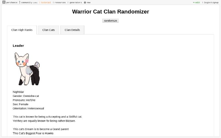 Warrior Cat Clan Randomizer ― Perchance Generator