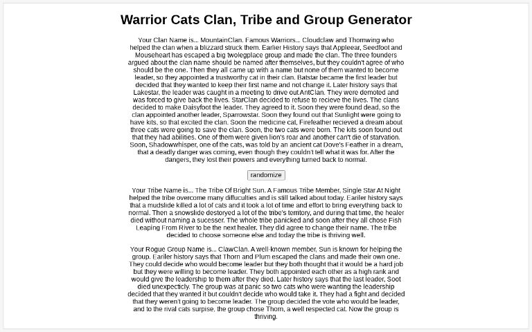 Warrior Cats Clan, Tribe and Group Generator