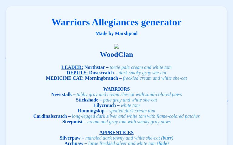 Warriors Allegiances generator