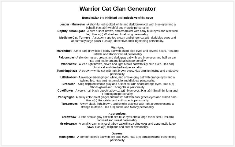 Warrior Cat Clan Generator