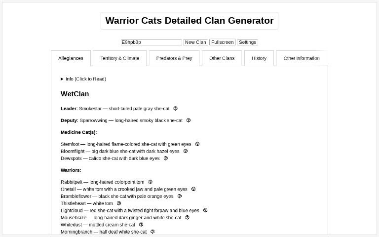 Warrior Cats Detailed Clan Generator