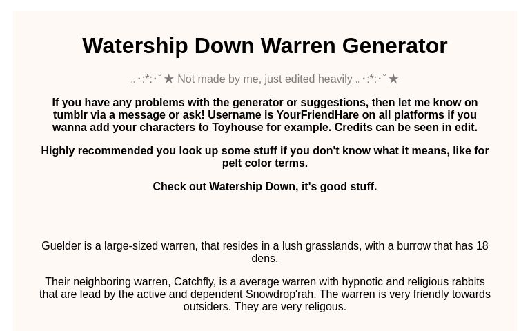 Watership Down Warren Generator