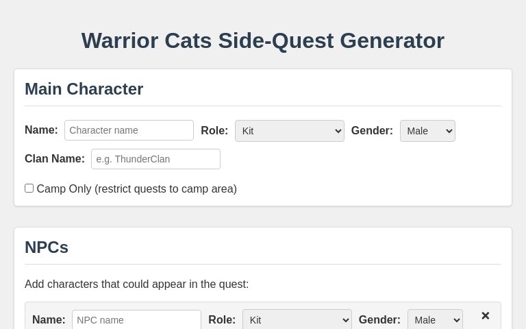 Warrior Cats Side-Quest Generator