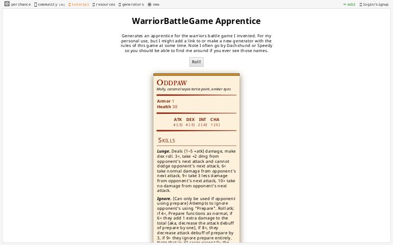 WarriorBattleGame Apprentice ― Perchance Generator