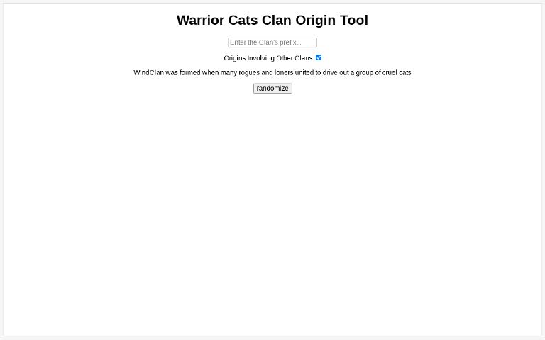 Warrior Cats Clan Origin Tool ― Perchance Generator