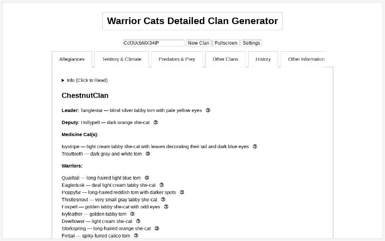 Warrior Cats Detailed Clan Generator