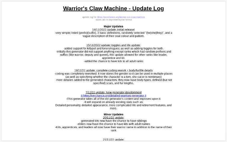 Warrior's Claw Machine - Update Log ― Perchance Generator