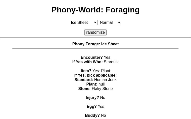 Phony-World: Foraging ― Perchance Generator