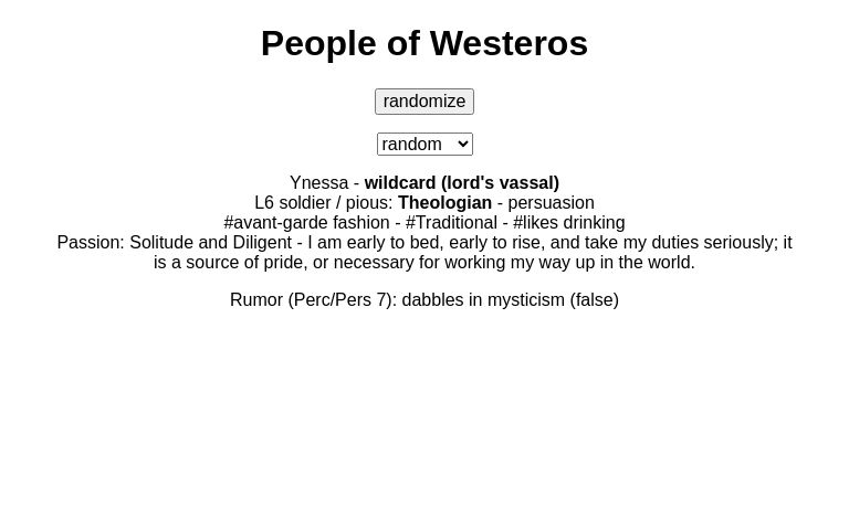 People of Westeros ― Perchance Generator