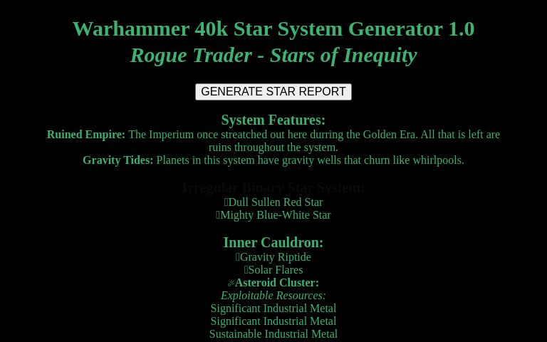 Warhammer 40k Star System Generator 1.0 Rogue Trader - Stars of Inequity