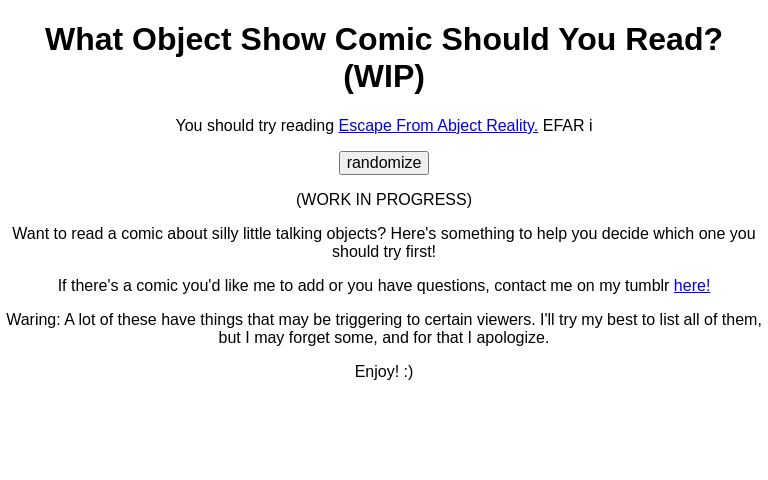 What Object Show Comic Should You Read? (WIP) ― Perchance Generator