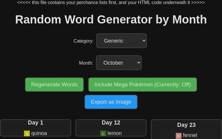 Random Word Generator by Month