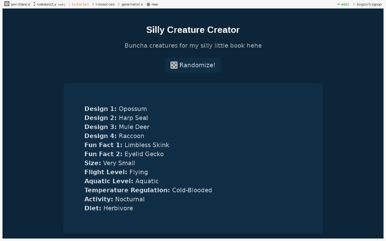 Silly Creature Creator ― Perchance Generator