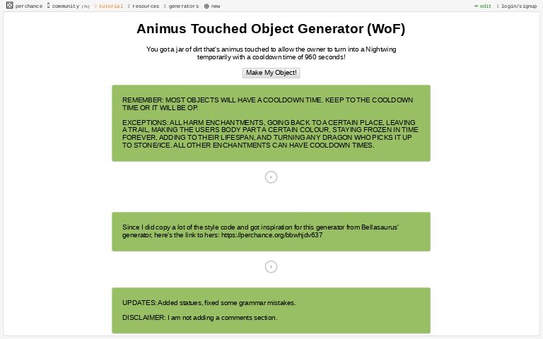 Animus Touched Object Generator (WoF)
