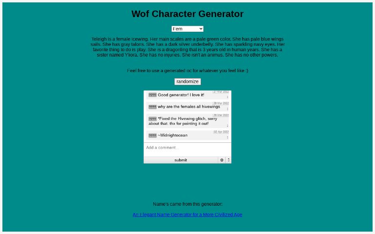 Wof Character Generator