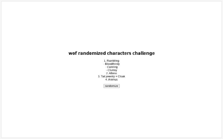 𝕨𝕠𝕗 𝕣𝕒𝕟𝕕𝕠𝕞𝕚𝕫𝕖𝕕 𝕔𝕙𝕒𝕣𝕒𝕔𝕥𝕖𝕣𝕤 𝕔𝕙𝕒𝕝𝕝𝕖𝕟𝕘𝕖 ― Perchance Generator