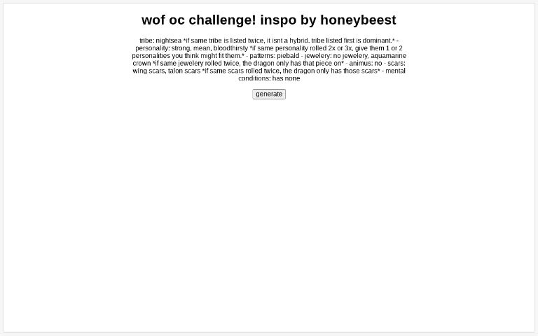 wof oc challenge! inspo by honeybeest ― Perchance Generator