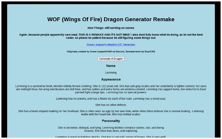 WOF (Wings Of Fire) Dragon Generator Remake