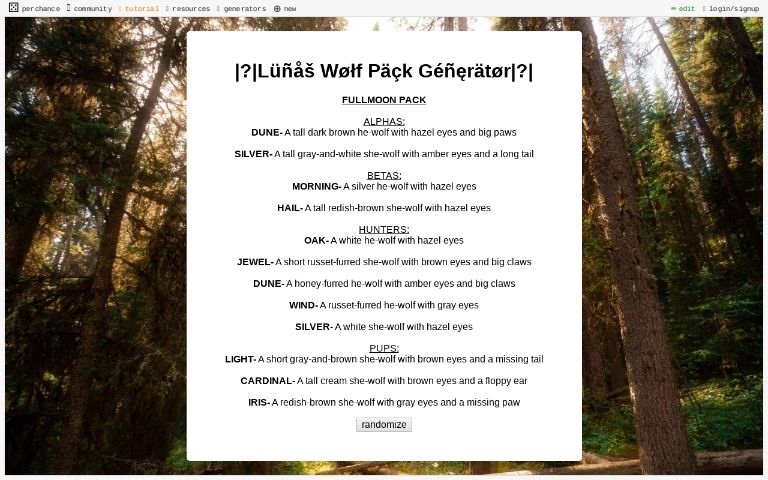 |?|Lüñåš Wøłf Päçk Géñęrätør|?| ― Perchance Generator