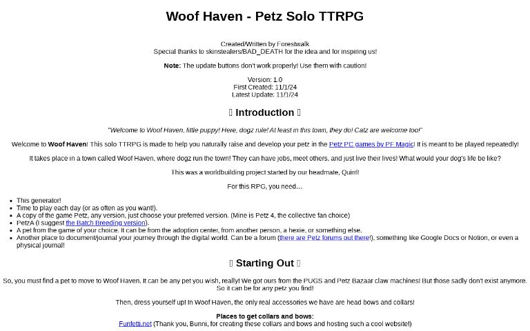 Woof Haven - Petz Solo TTRPG ― Perchance Generator