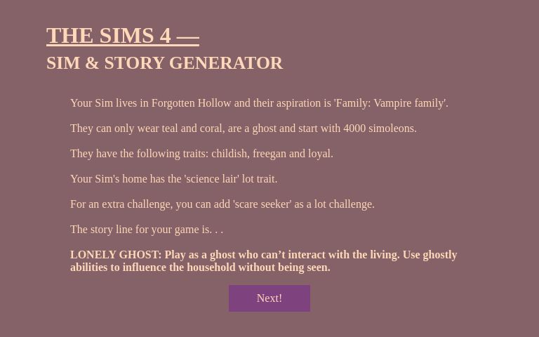 THE SIMS 4 — SIM & STORY GENERATOR