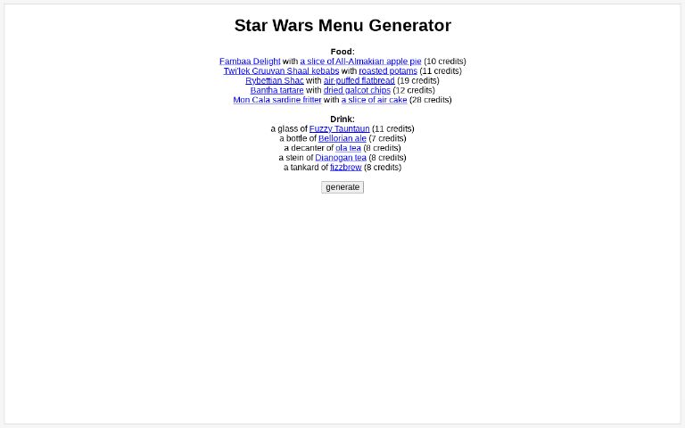 Star Wars Menu Generator