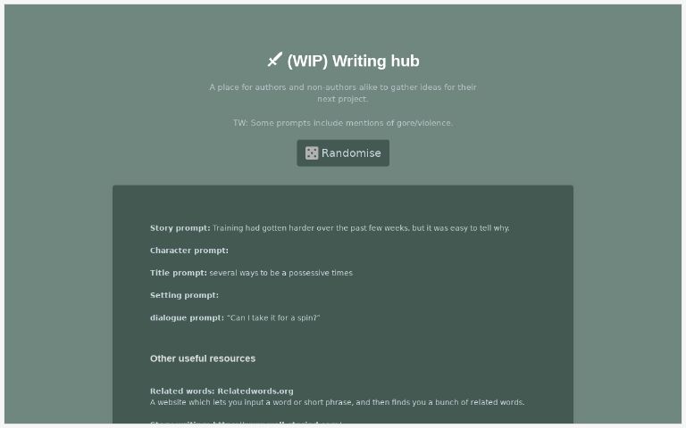 (WIP) Writing hub ― Perchance Generator