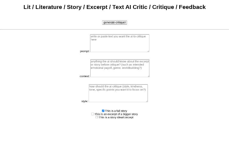 Lit / Literature / Story / Excerpt / Text AI Critic / Critique / Feedback ― Perchance Generator