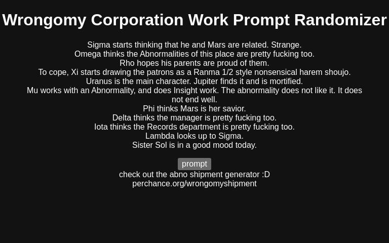 Wrongomy Corporation Work Prompt Randomizer ― Perchance Generator
