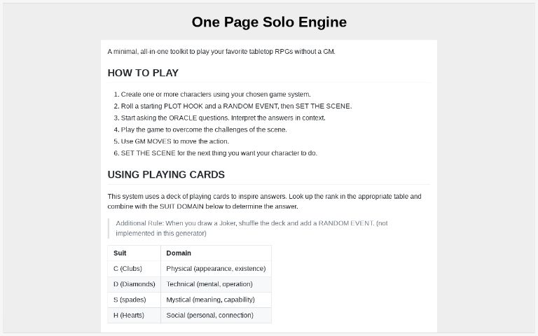 One Page Solo Engine ― Perchance Generator