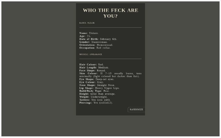 Who The Feck Are You? ― Perchance Generator
