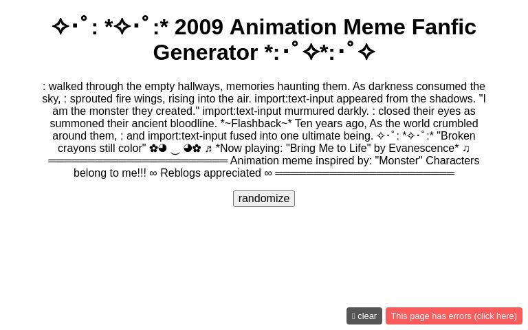 ･ﾟ: * ･ﾟ:* 2009 Animation Meme Fanfic Generator *:･ﾟ *:･ﾟ