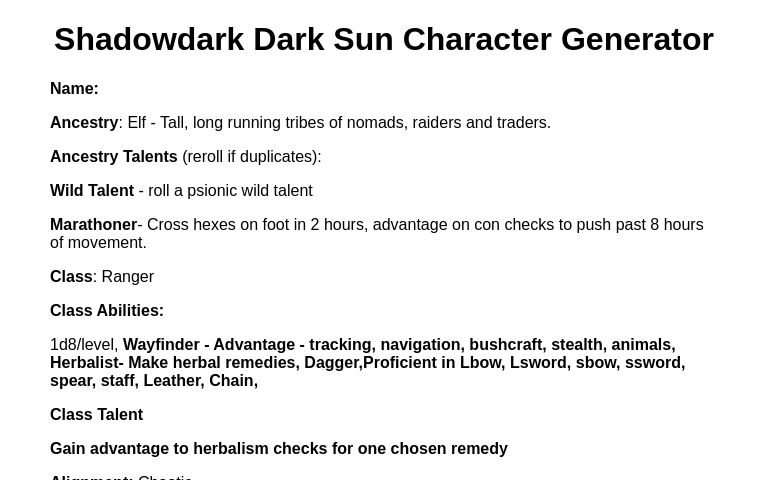 Shadowdark Dark Sun Character Generator