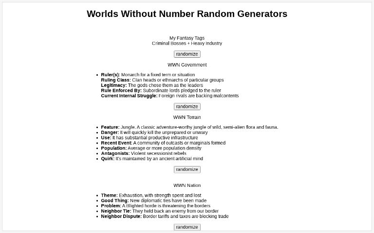 Worlds Without Number Random Generators