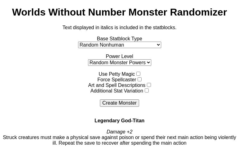 Worlds Without Number Monster Randomizer ― Perchance Generator