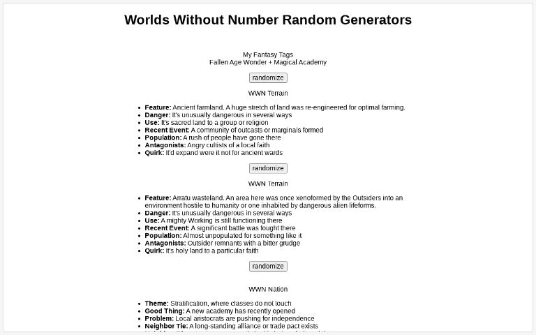 Worlds Without Number Random Generators