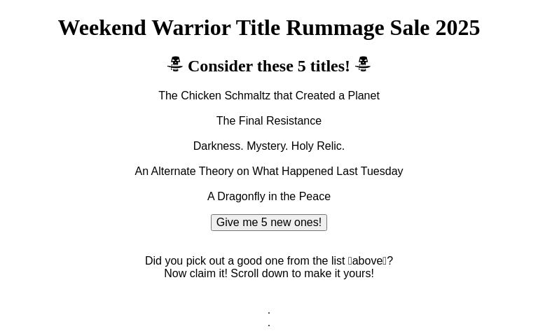 Weekend Warrior Title Rummage Sale 2025 ― Perchance Generator