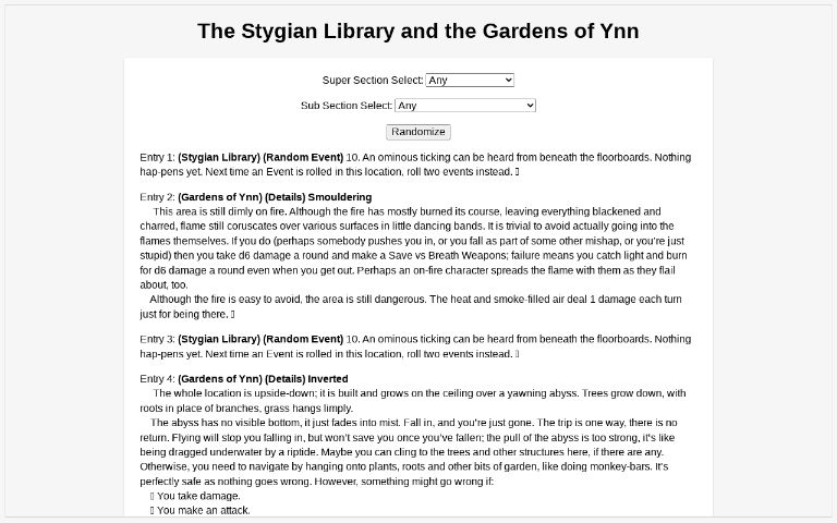 The Stygian Library and the Gardens of Ynn ― Perchance Generator