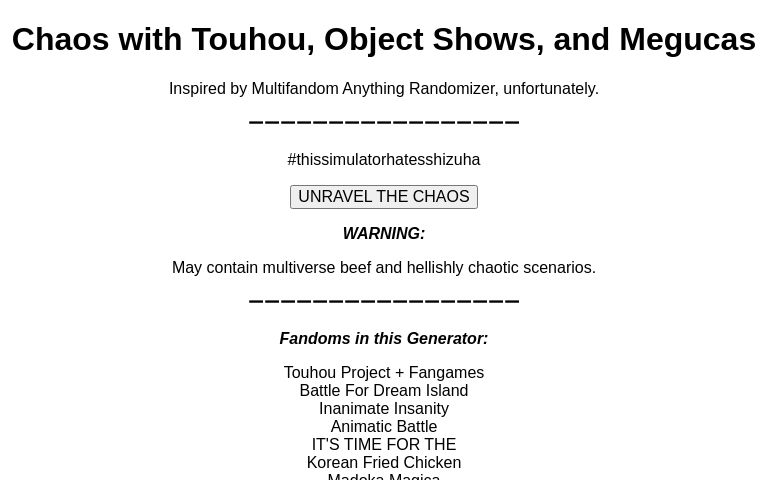 Chaos with Touhou, Object Shows, and Megucas ― Perchance Generator