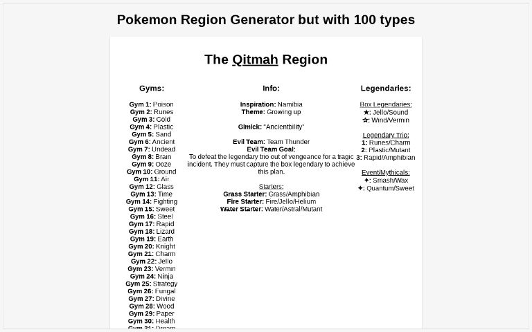 Pokemon Region Generator but with 100 types