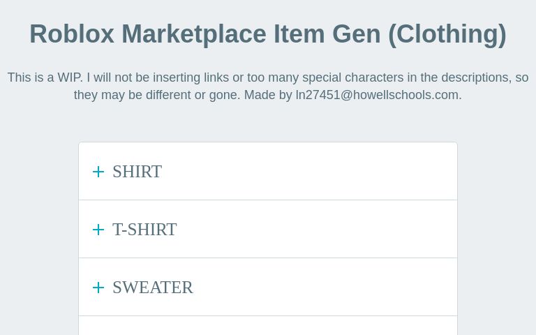 Roblox Marketplace Item Gen (Clothing) ― Perchance Generator