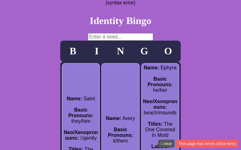 Identity Bingo ― Perchance Generator