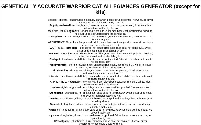 GENETICALLY ACCURATE WARRIOR CAT ALLEGIANCES GENERATOR (except for kits)