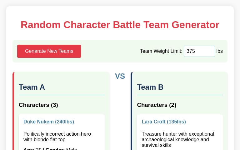 Random Character Battle Team Generator