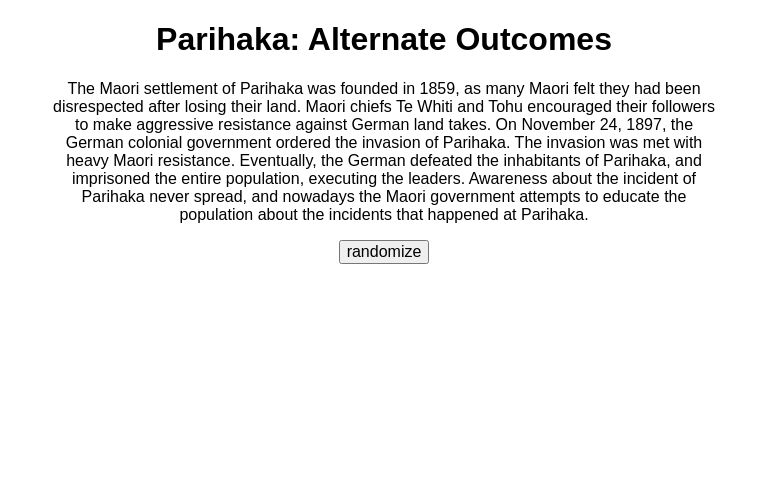 Parihaka: Alternate Outcomes (by Ethan Rice) ― Perchance Generator