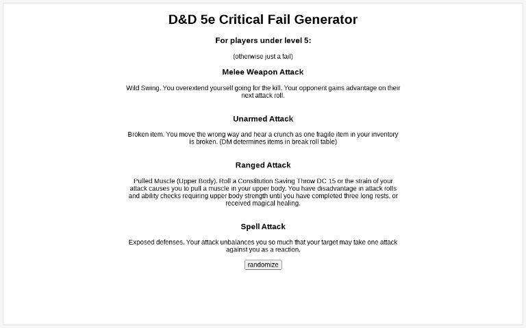 D&D 5e Critical Fail Generator